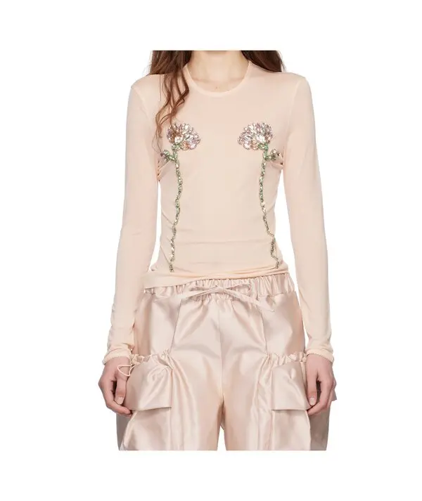 Simone Rocha Beige Embellished Mesh Top