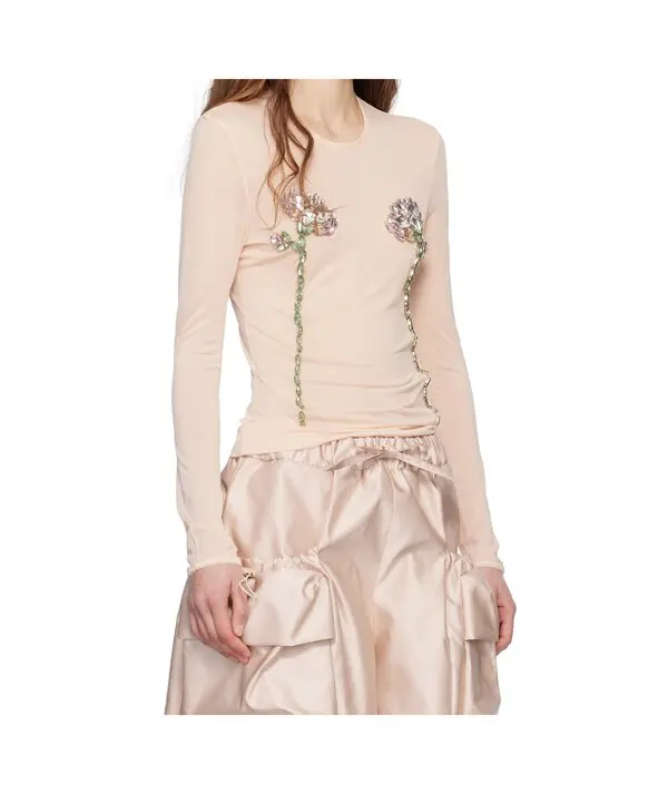 Simone Rocha Beige Embellished Mesh Top