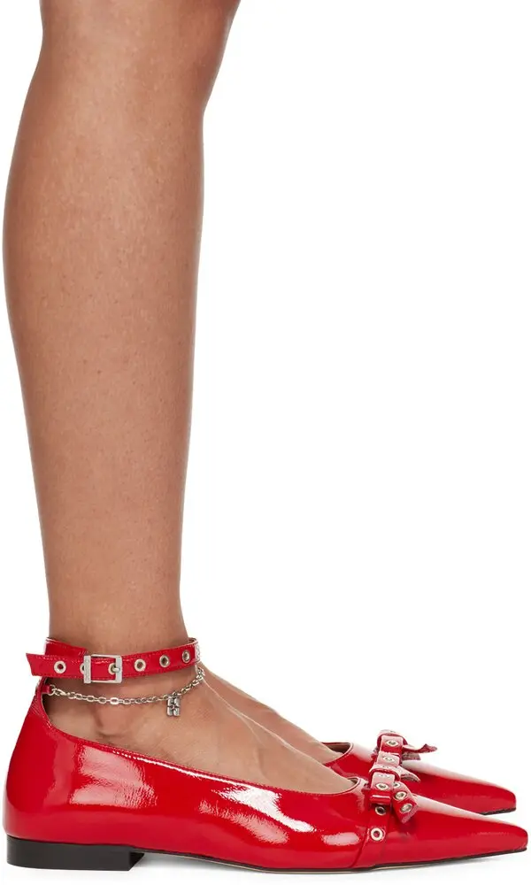 GANNI Bow-detail Ankle Strap Ballet Flats - Red