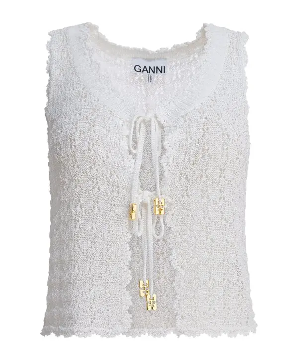 GANNI Shiny Pointelle Sleeveless Knit Vest - White