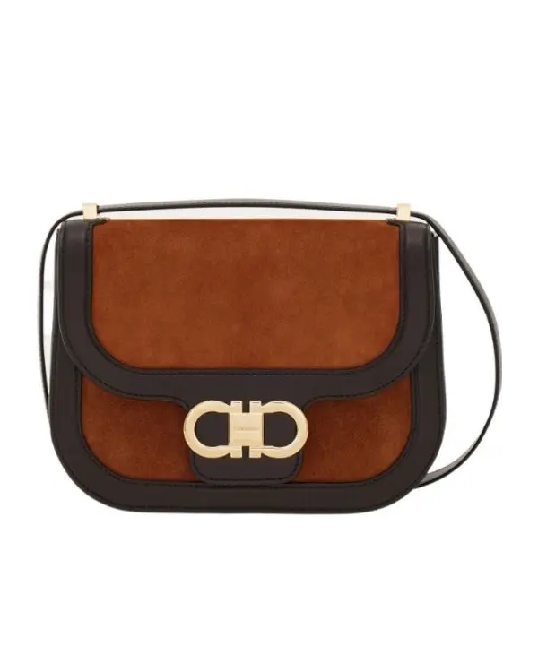 FERRAGAMO Double Gancini Crossbody Bag - Naturale Brown/testa Di Moro