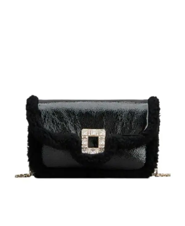 ROGER VIVIER Shearling & Strass Buckle Clutch Bag In Patent Leather - Black