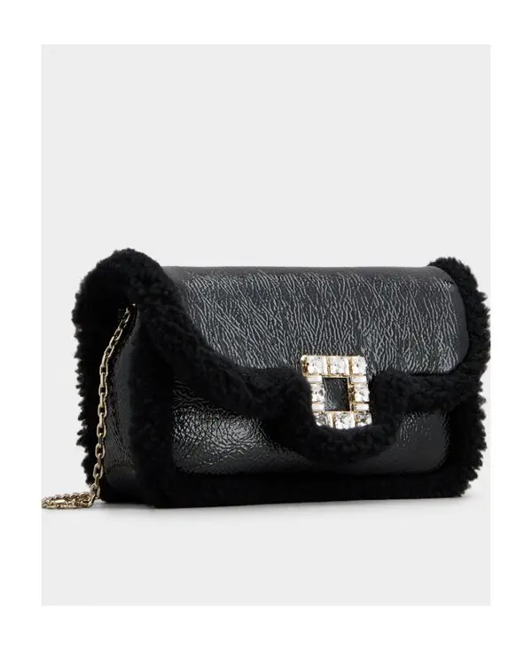 ROGER VIVIER Shearling & Strass Buckle Clutch Bag In Patent Leather - Black