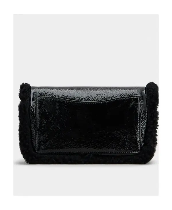 ROGER VIVIER Shearling & Strass Buckle Clutch Bag In Patent Leather - Black
