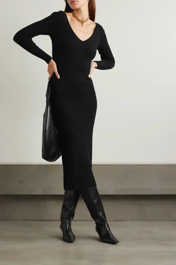 Arch4 Rosa Cashmere Ribbed V-neck Midi Dress