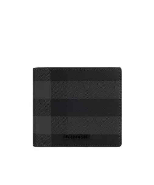 Burberry Logo Plaque Checked Bi-fold Wallet - Grey