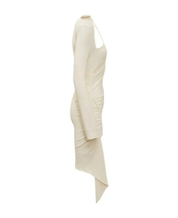 Off-White Asymmetrical Ruched Long-sleeved Mini Dress