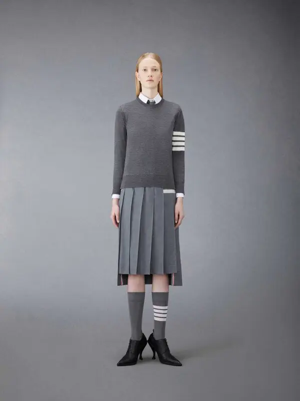 Thom Browne 4-bar Ribbed Crewneck Jumper With Striped Trim - Medium Gray