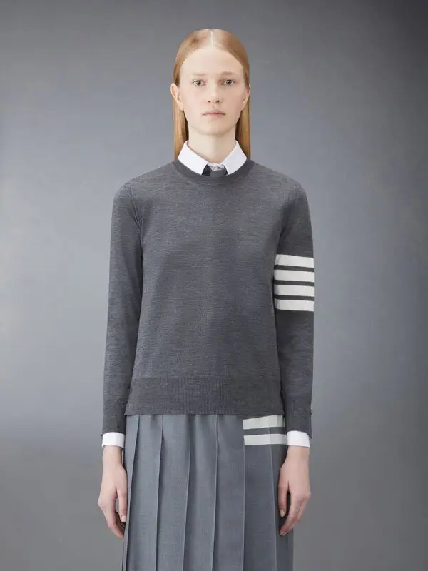 Thom Browne 4-bar Ribbed Crewneck Jumper With Striped Trim - Medium Gray