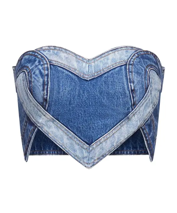 AREA Patchwork Heart Denim Bandeau Top - Blue