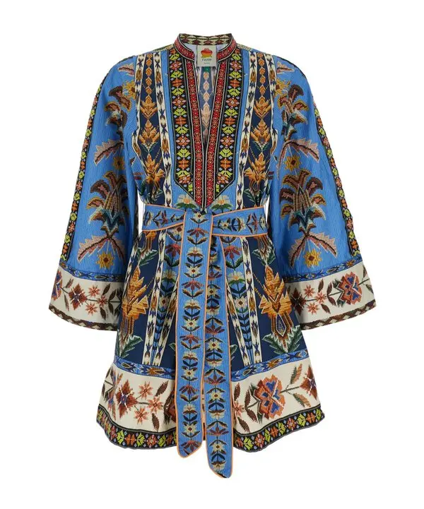 Farm Rio Belted Printed Kimono Top - Blue