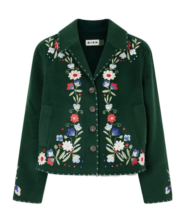 Rixo Jude Embroidered Wool Blend Felt Jacket - Green
