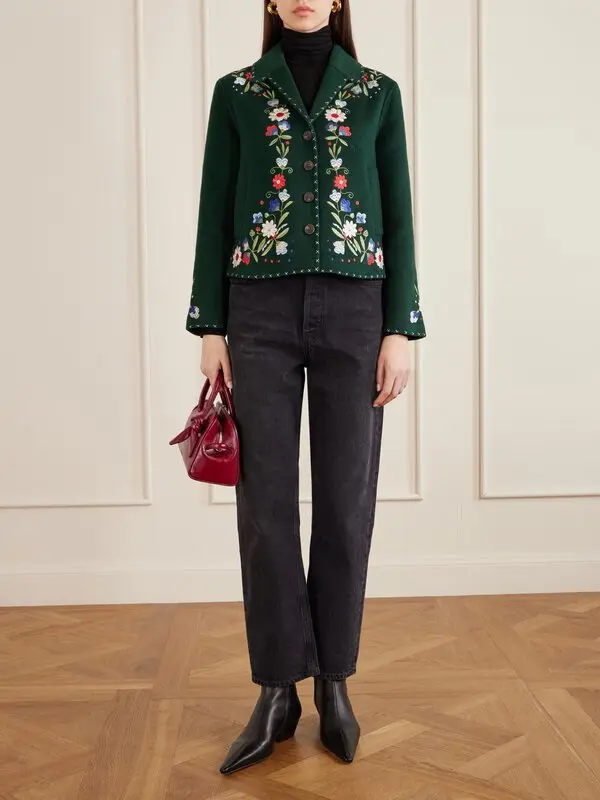 Rixo Jude Embroidered Wool Blend Felt Jacket - Green