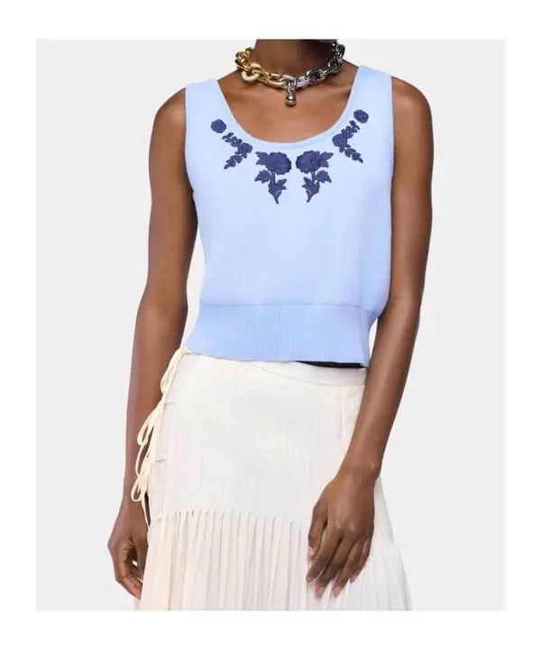 Rabanne Sleeveless Floral Embroidery Tank Top - Light Blue