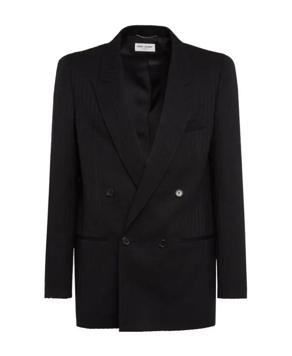 Saint Laurent Double-breasted Suit Jacket With Pointed Collar And Trimmed Pockets - Black