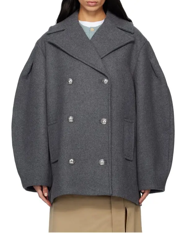 GANNI Oversized Midi Peacoat - Grey