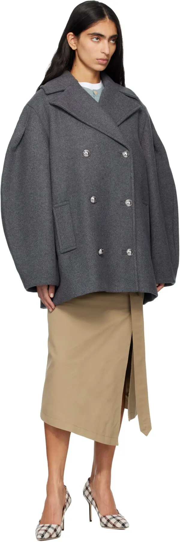 GANNI Oversized Midi Peacoat - Grey