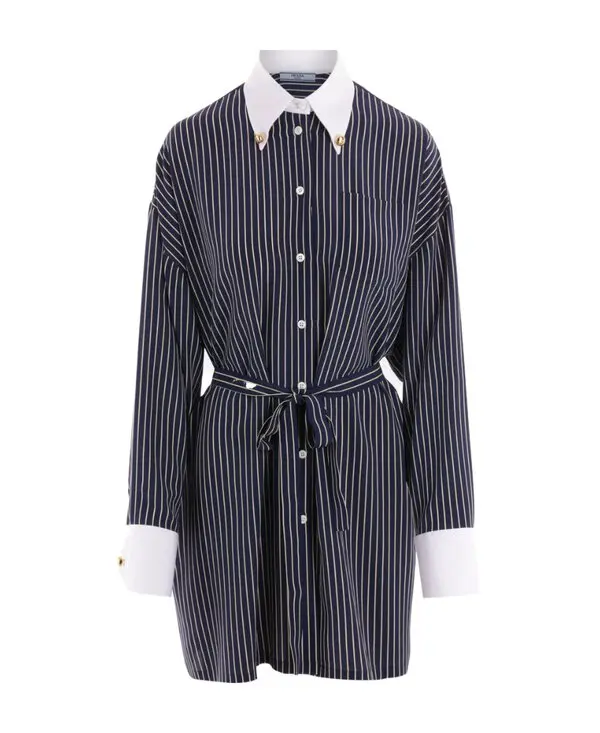 Prada Striped Belted Midi Shirt Dress