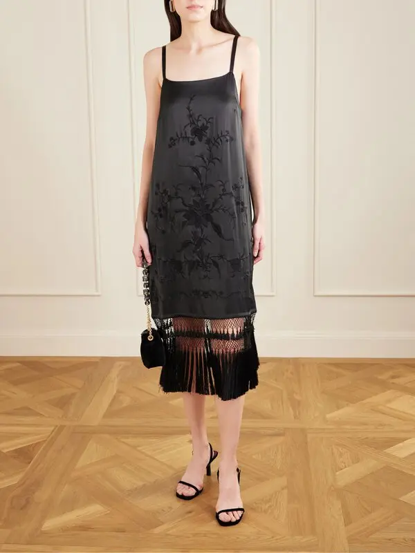 BODE Floral Embroidered Tasseled Midi Dress