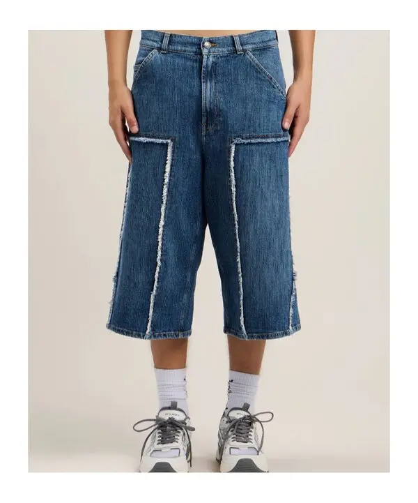 Palm Angels Curved Logo Skater Denim Shorts - Medium Blue