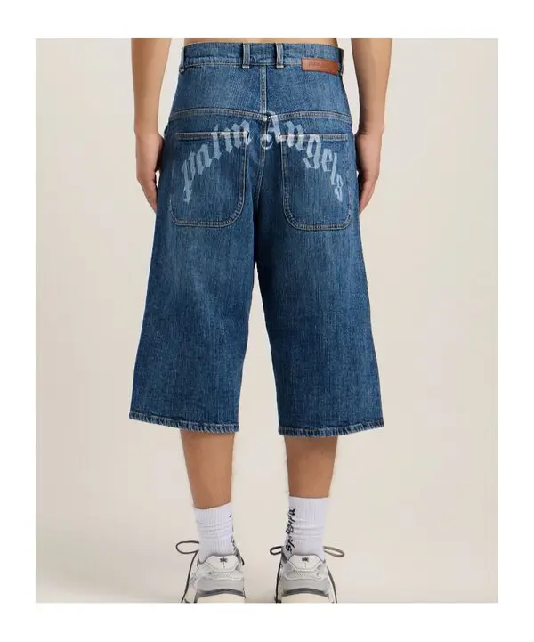 Palm Angels Curved Logo Skater Denim Shorts - Medium Blue