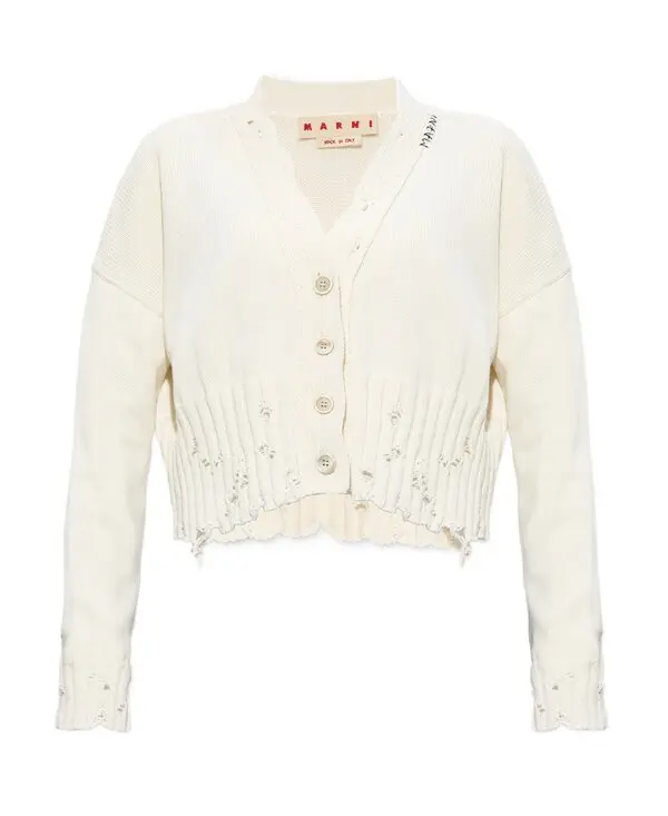 Marni Cropped Distressed Knitted Cardigan - White