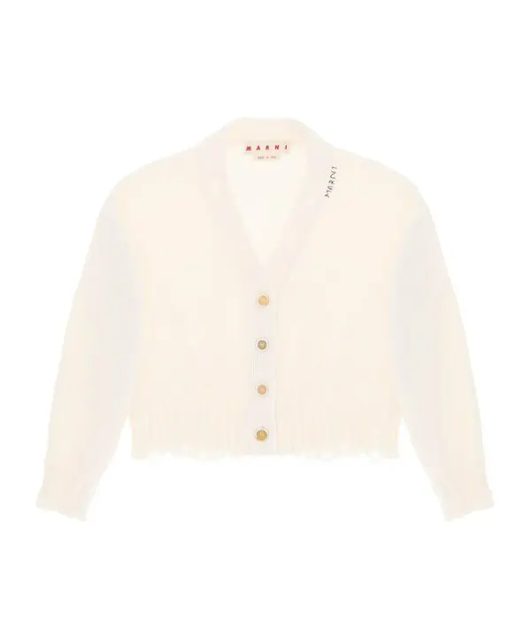 Marni Cropped Distressed Knitted Cardigan - White