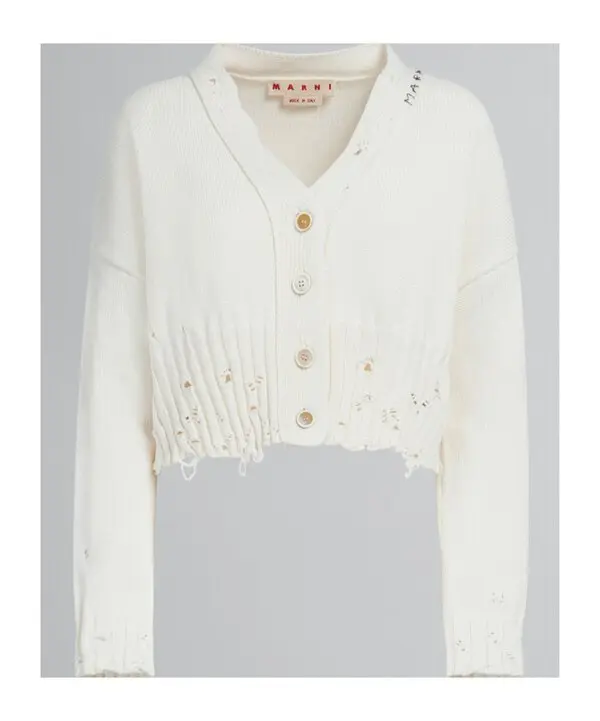 Marni Cropped Distressed Knitted Cardigan - White