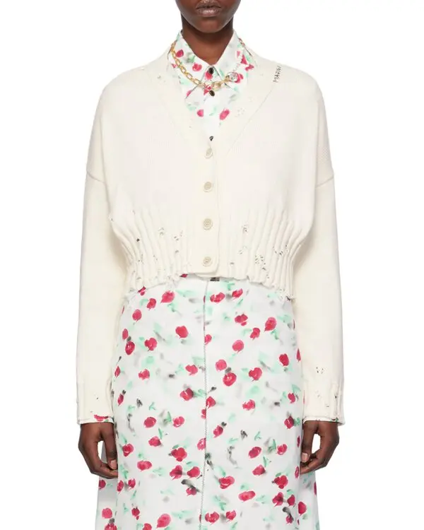 Marni Cropped Distressed Knitted Cardigan - White
