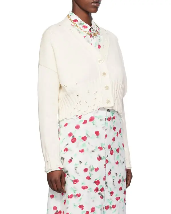 Marni Cropped Distressed Knitted Cardigan - White