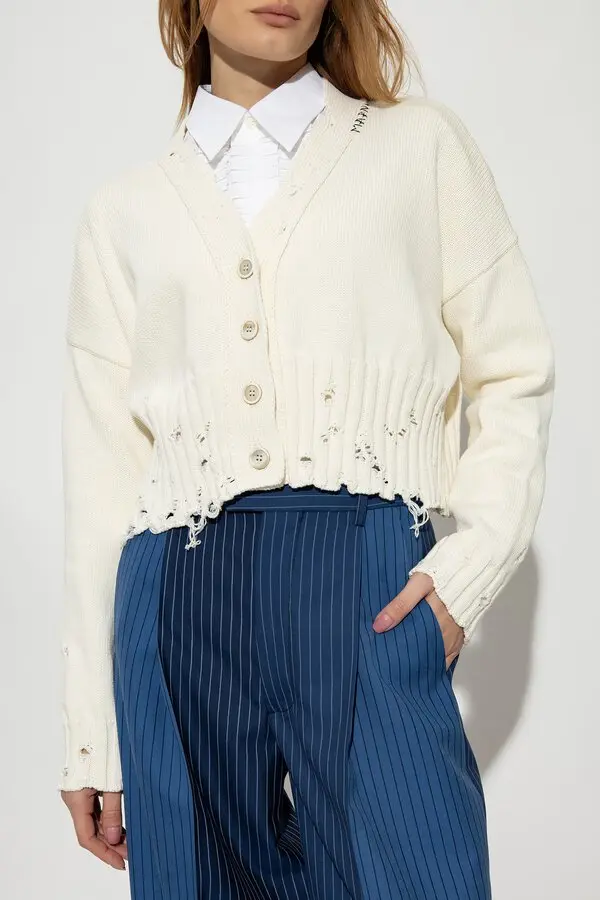Marni Cropped Distressed Knitted Cardigan - White