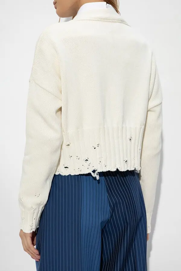 Marni Cropped Distressed Knitted Cardigan - White