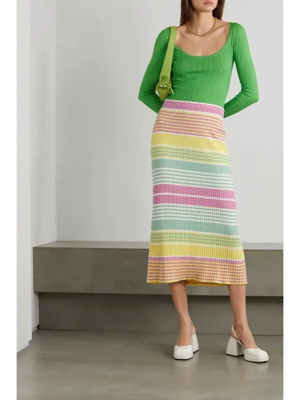 Rixo Kelly Striped Knit Midi Skirt