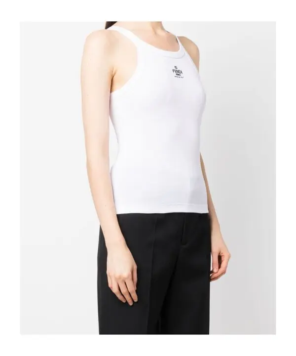Fendi Logo Embroidered Ribbed Knit Tank Top - White