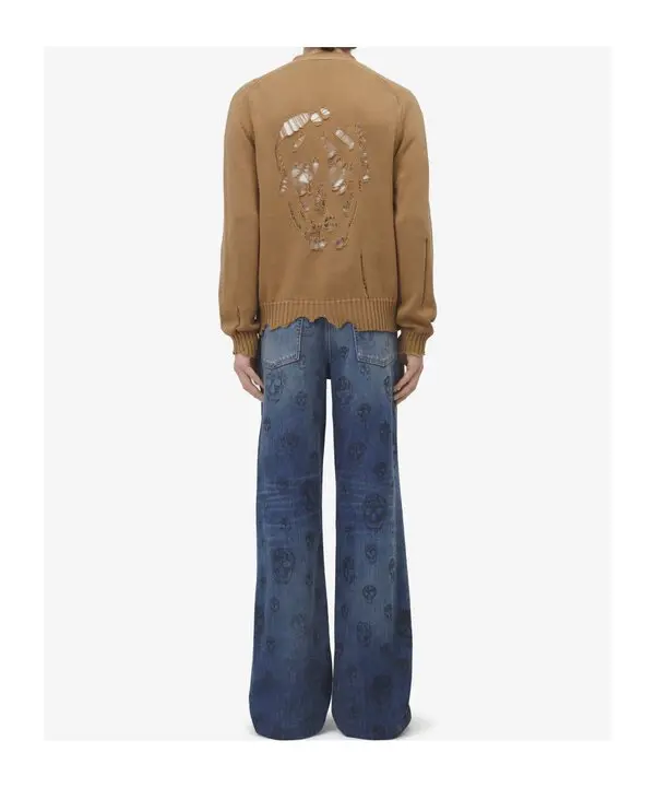 Alexander McQueen Distressed Skull V-neck Cardigan - Beige