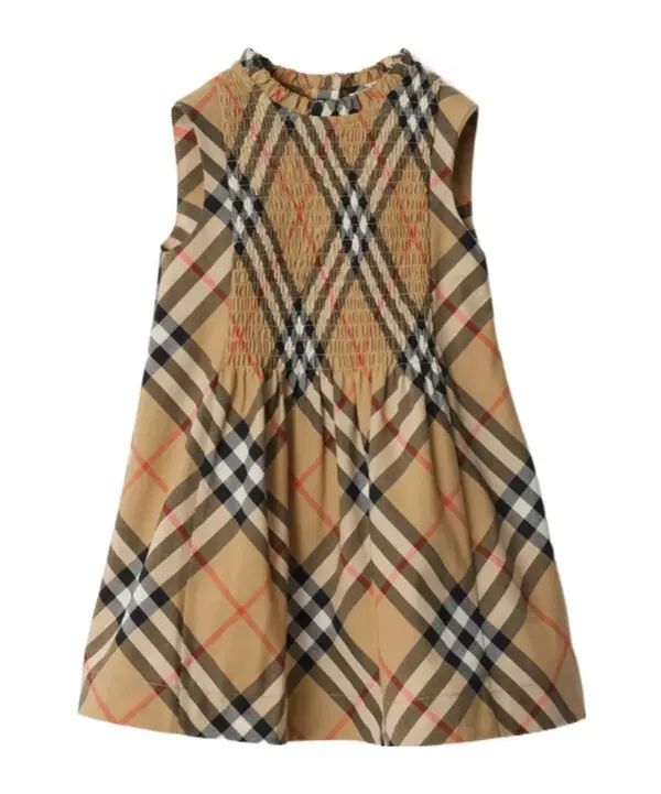 Burberry Check Cotton Poplin Dress With Smocked Bodice And Frilled Collar
