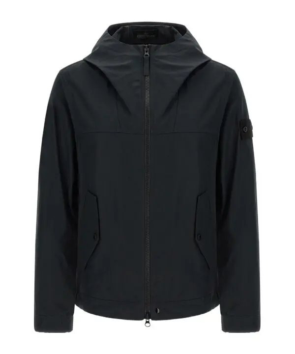 Stone Island Logo Patch Zip-up Hooded Jacket - Black