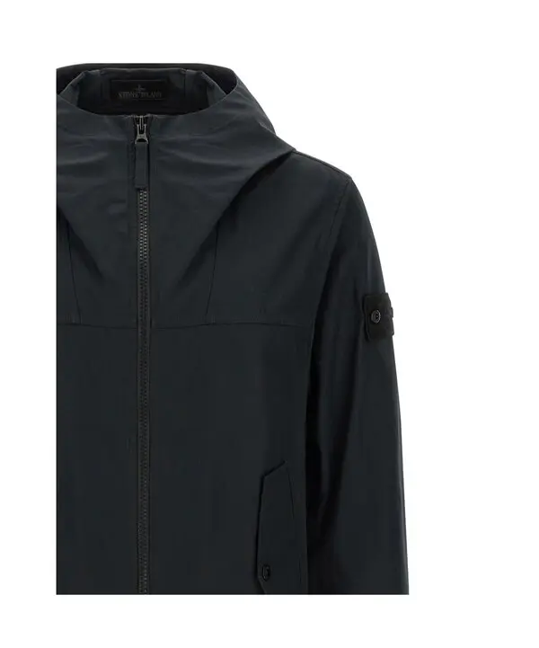 Stone Island Logo Patch Zip-up Hooded Jacket - Black