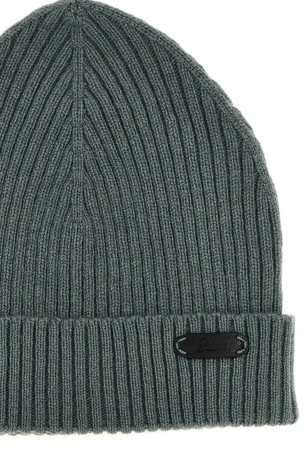 Brioni Cashmere Ribbed Beanie With Leather Logo Patch - Green