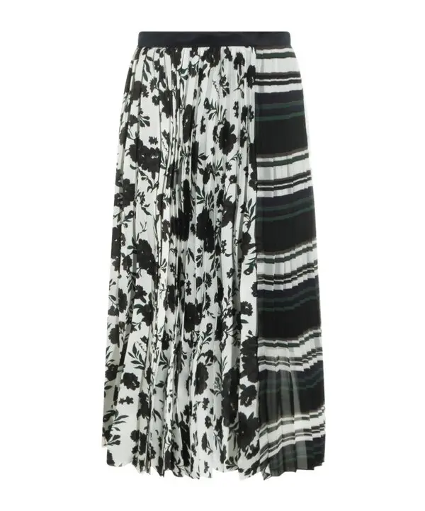 Sacai Pleated Floral And Striped Midi Skirt