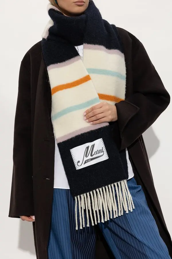 Marni Logo Patch Striped Fringed Scarf