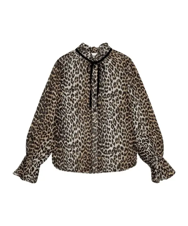 GANNI Leopard Print Chiffon Shirt With Tie Detail - Leopard Color