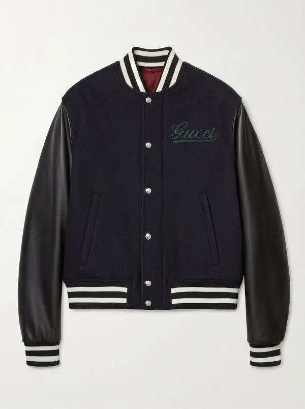 Gucci Leather Varsity Jacket - Navy Blue/black