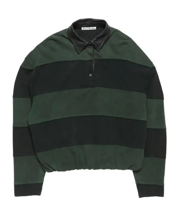 Acne Studios Striped Polo Jumper With Leather Neck - Black