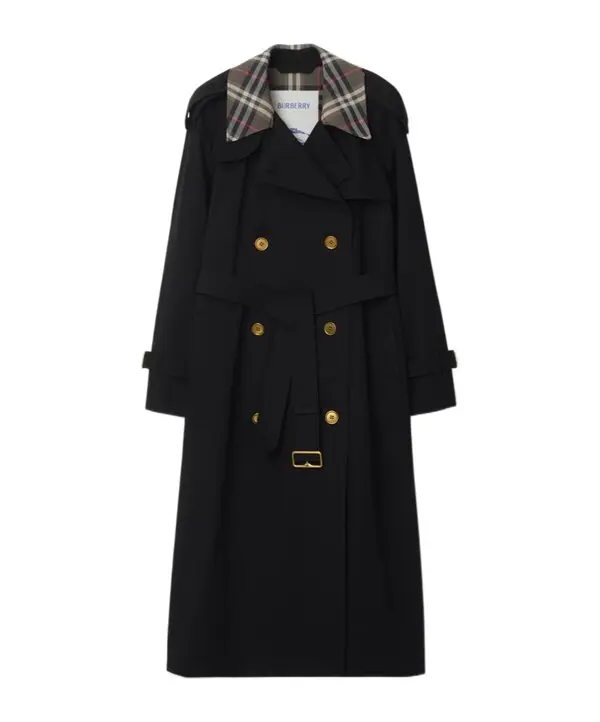 Burberry Long Check Collar Trench Coat - Black