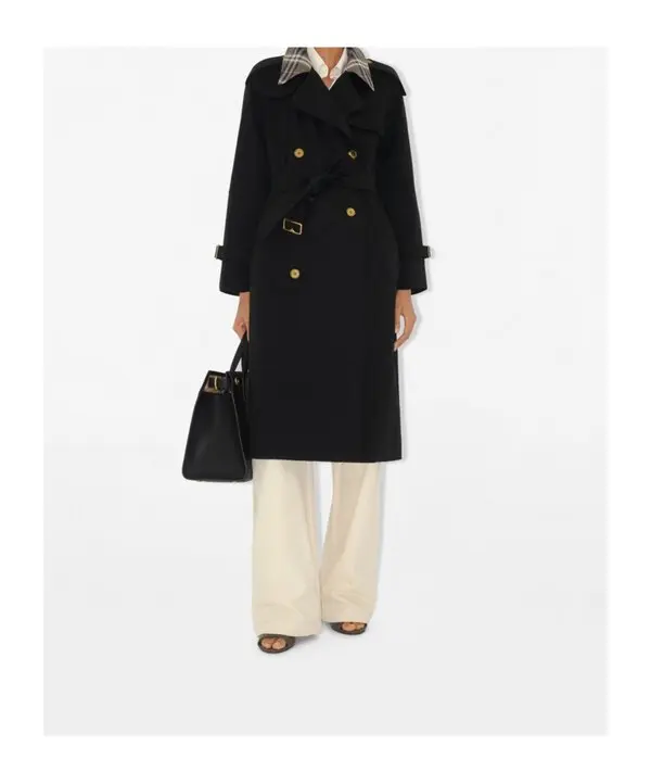Burberry Long Check Collar Trench Coat - Black