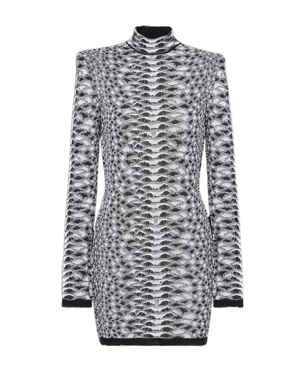 Balmain Snakeskin Textured Knit Mini Dress - Gray