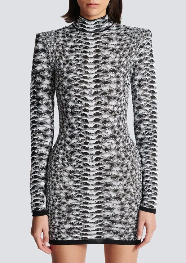Balmain Snakeskin Textured Knit Mini Dress - Gray