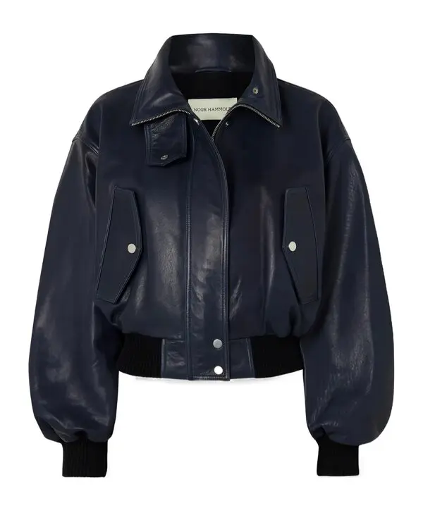 Nour Hammour Briar Leather Bomber Jacket - Navy Blue