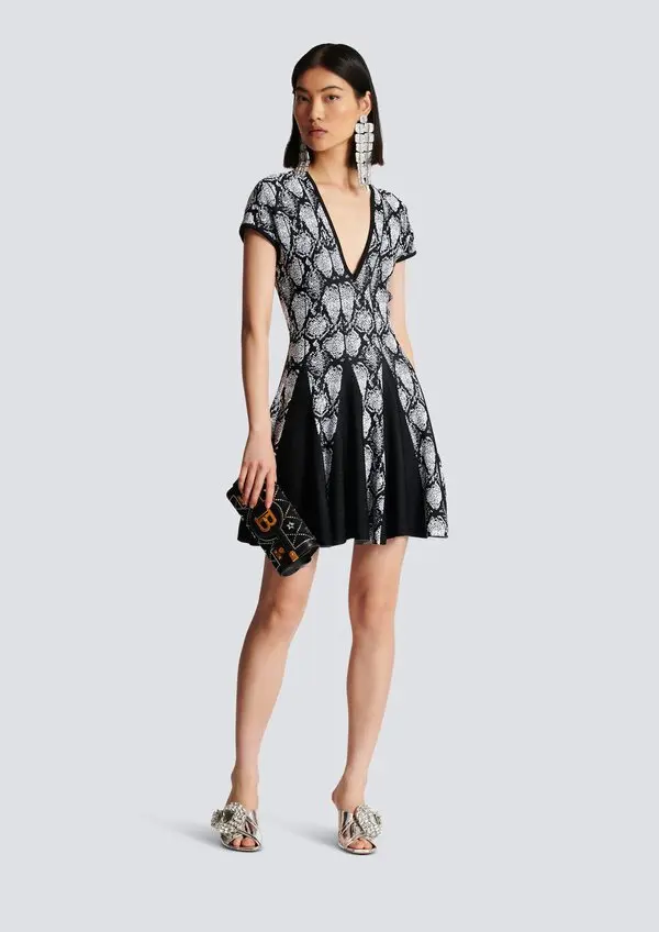 Balmain Snakeskin Jacquard V-neck Short Sleeve Dress